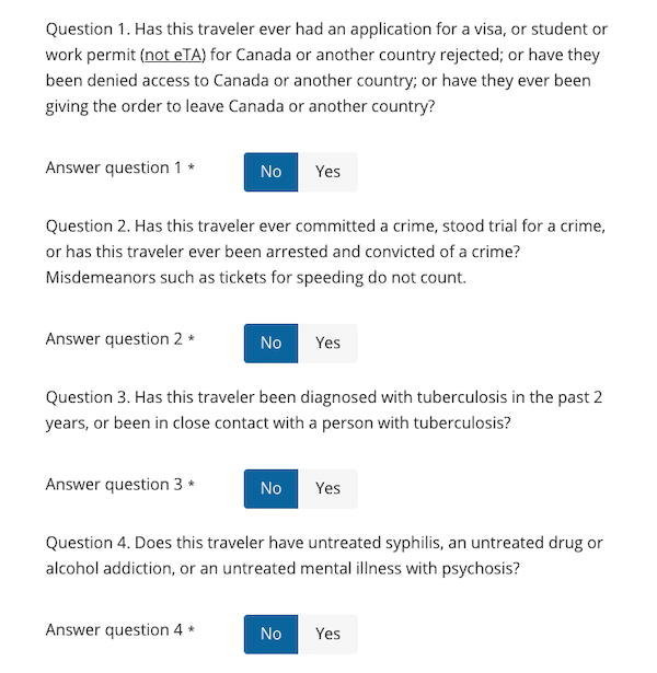 The eTA form for traveling to Canada
